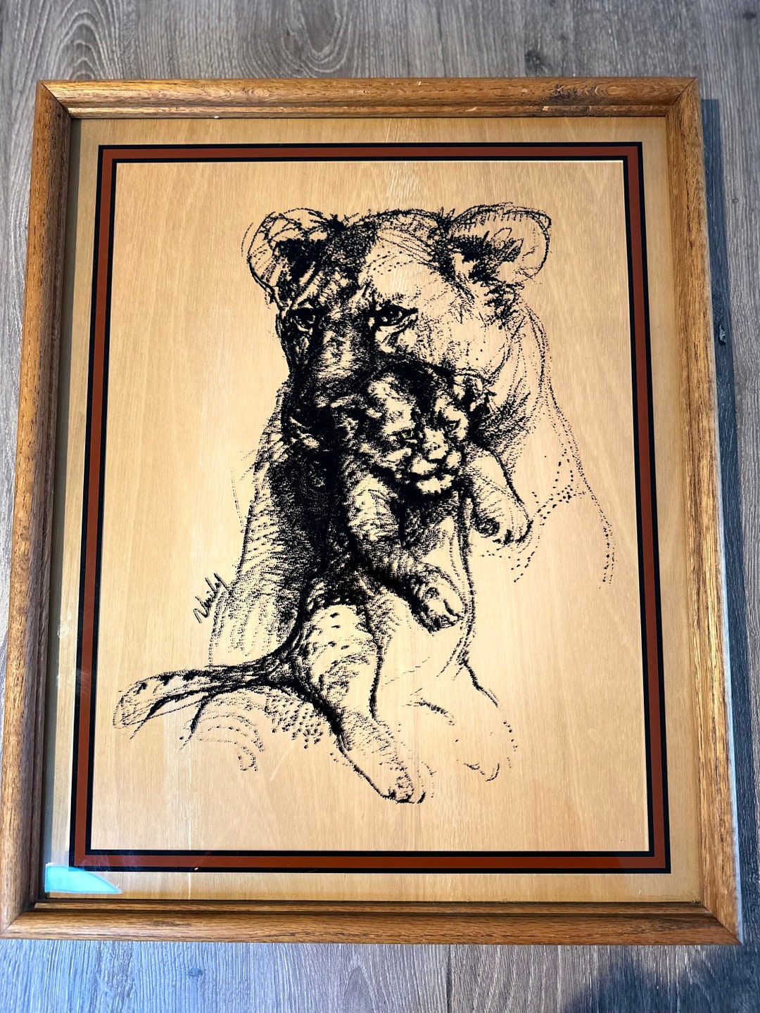 Vintage Verily Lion Cub Lioness Art Picture Glass Wood Art Verily ...