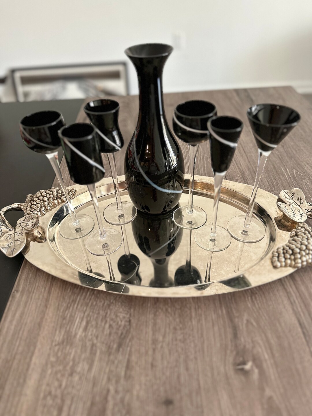 Set of 7 Cordial Glasses Black White Swirl Clear Stem Pitcher Onyx ...