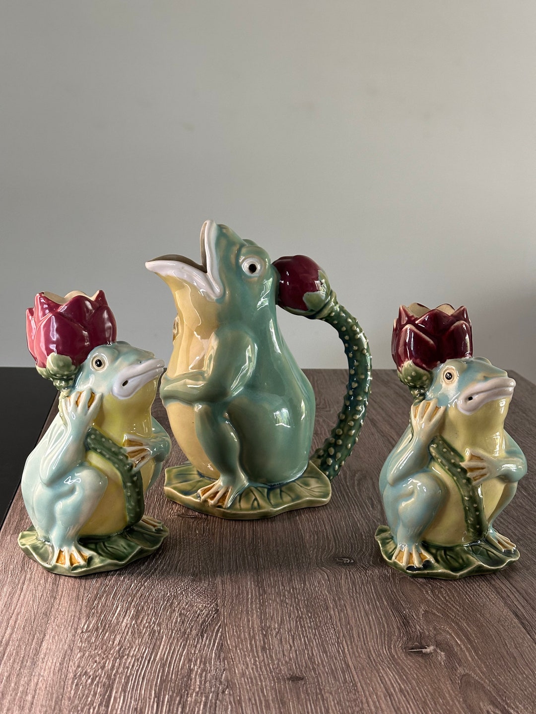 Set of Vintage Majolica Pottery Pitcher Frog Pitcher Frog Flower Vase ...