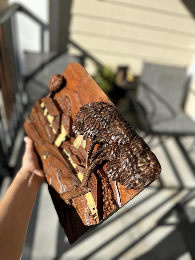 Asian 3D Hand Carved Whittled Figural Wooden Plaque Picture Trees Brown ...