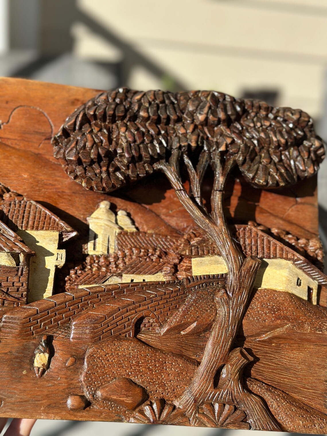 Asian 3D Hand Carved Whittled Figural Wooden Plaque Picture Trees Brown ...