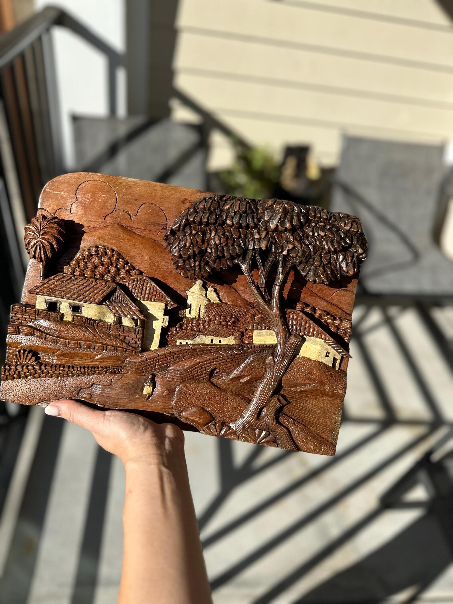 Asian 3D Hand Carved Whittled Figural Wooden Plaque Picture Trees Brown ...