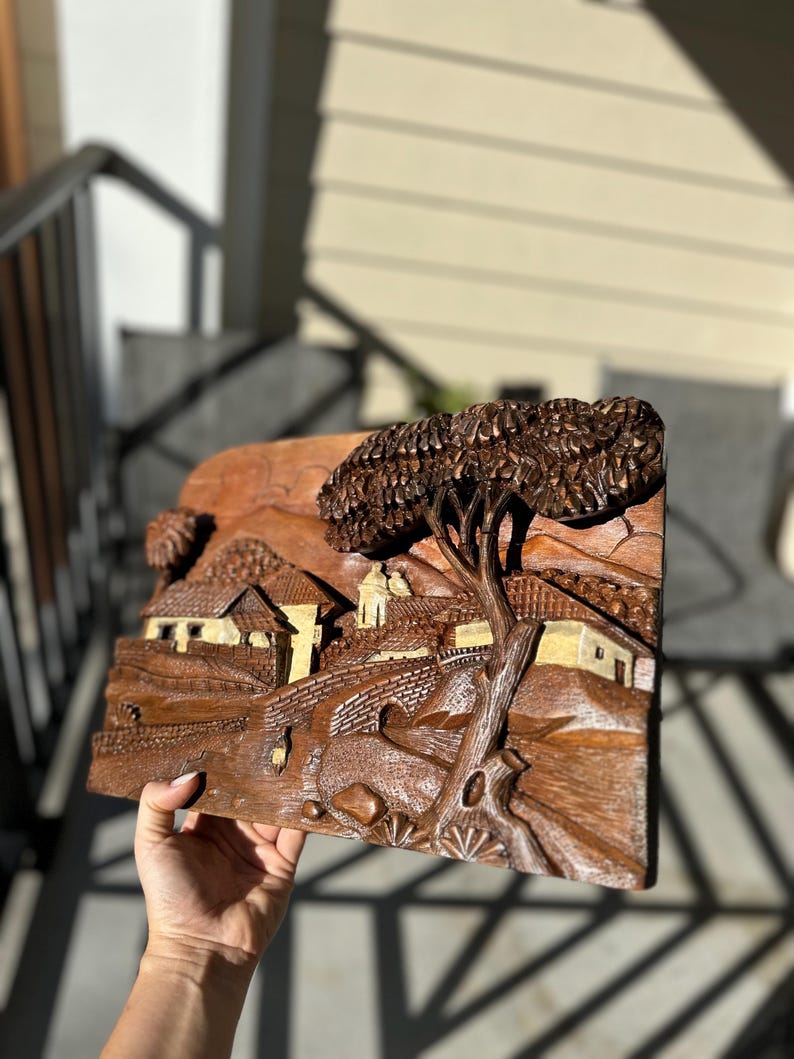 Asian 3D Hand Carved Whittled Figural Wooden Plaque Picture Trees Brown ...