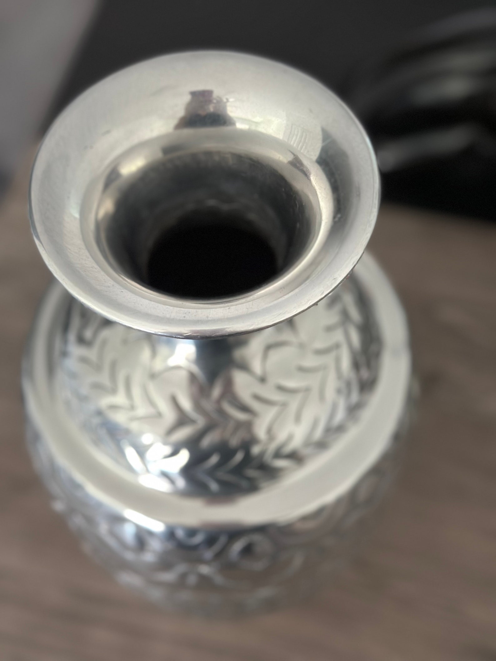 Handcrafted Silver Metal Vase With Floral Design, Featuring an Eastern ...