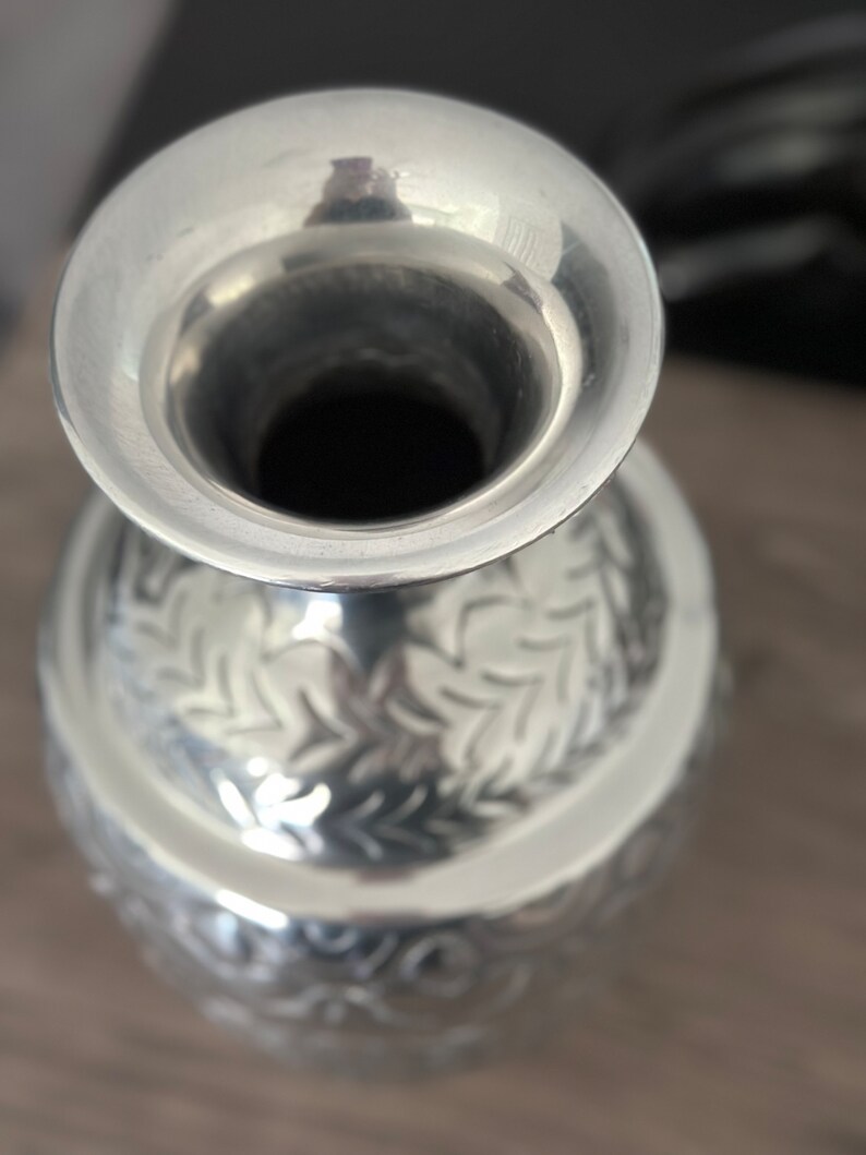 Handcrafted Silver Metal Vase With Floral Design, Featuring an Eastern ...