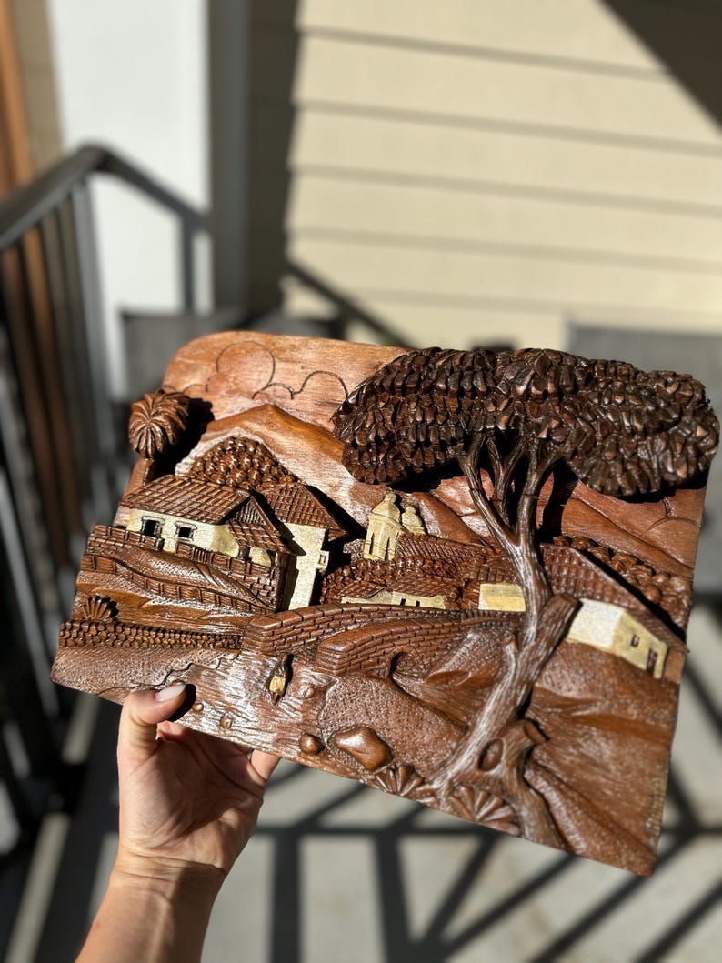 Asian 3D Hand Carved Whittled Figural Wooden Plaque Picture Trees Brown ...