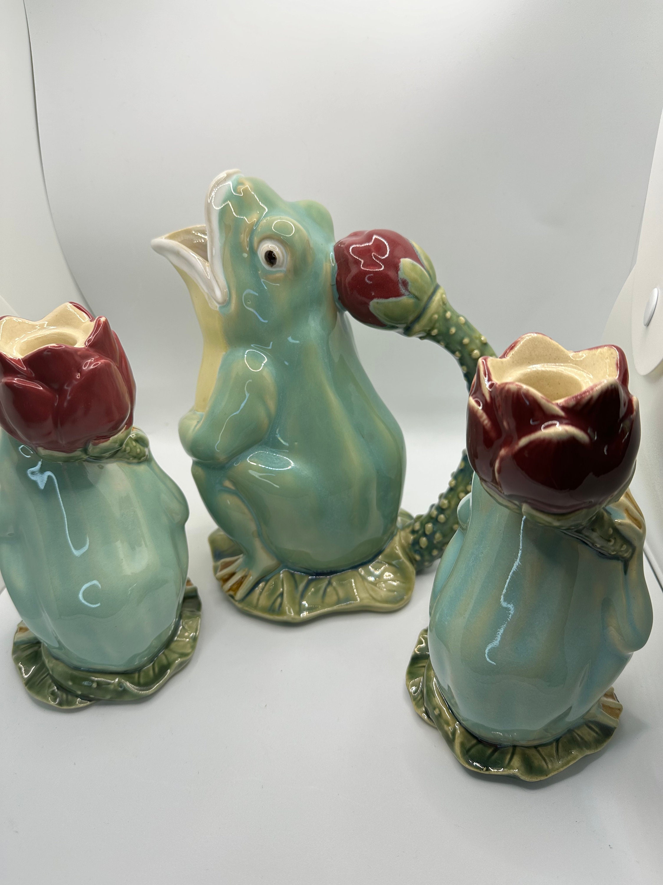 Set of Vintage Majolica Pottery Pitcher Frog Pitcher Frog Flower Vase ...