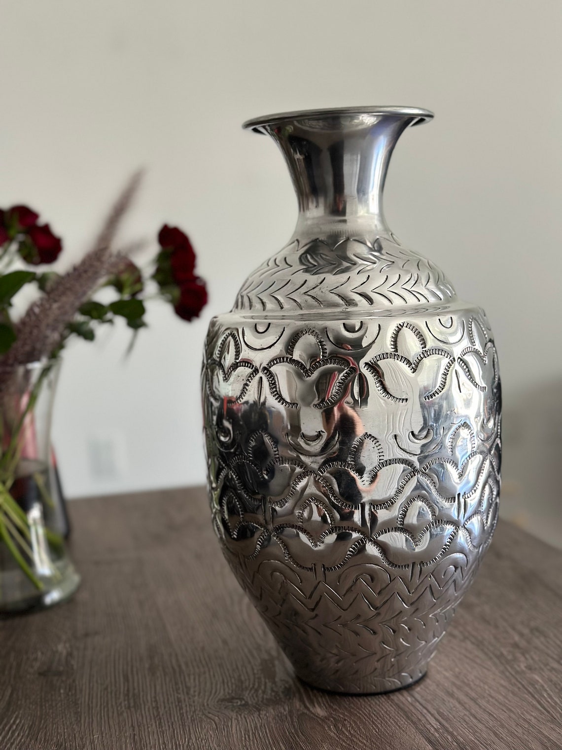 Handcrafted Silver Metal Vase With Floral Design, Featuring an Eastern ...
