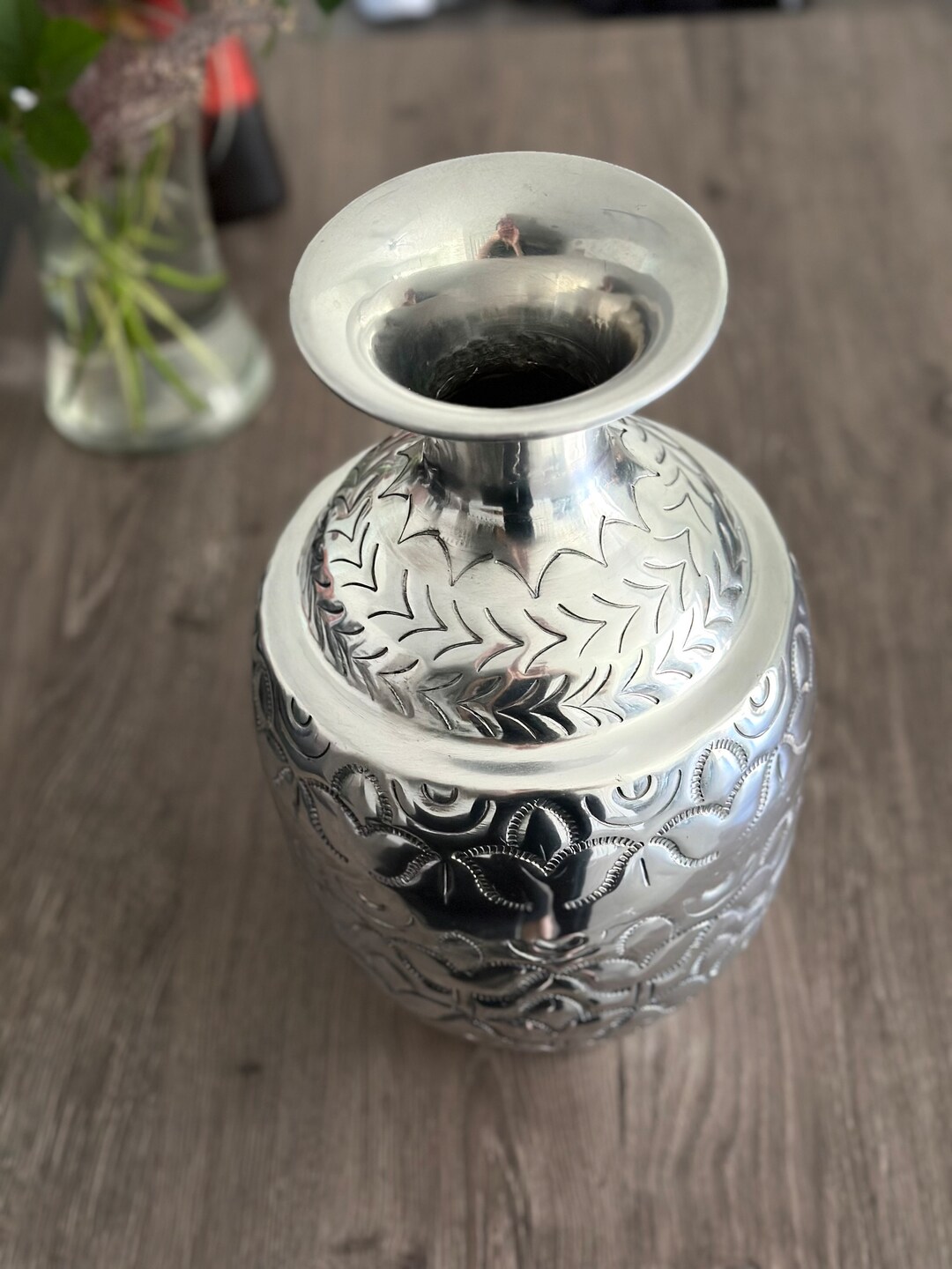 Handcrafted Silver Metal Vase With Floral Design, Featuring an Eastern ...