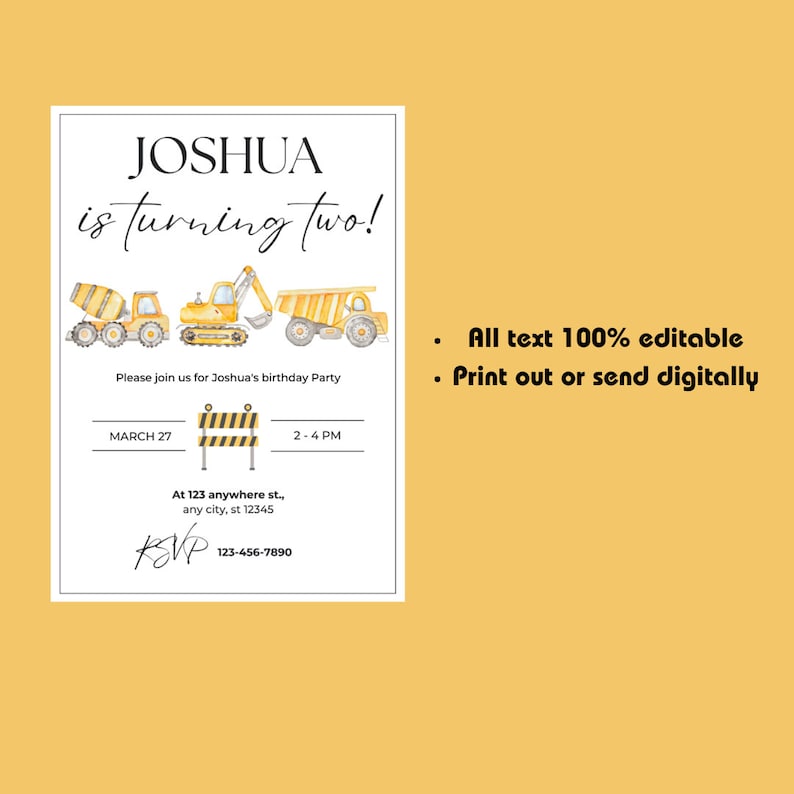 Digital Construction Birthday Invitation, Editable Birthday Invite ...