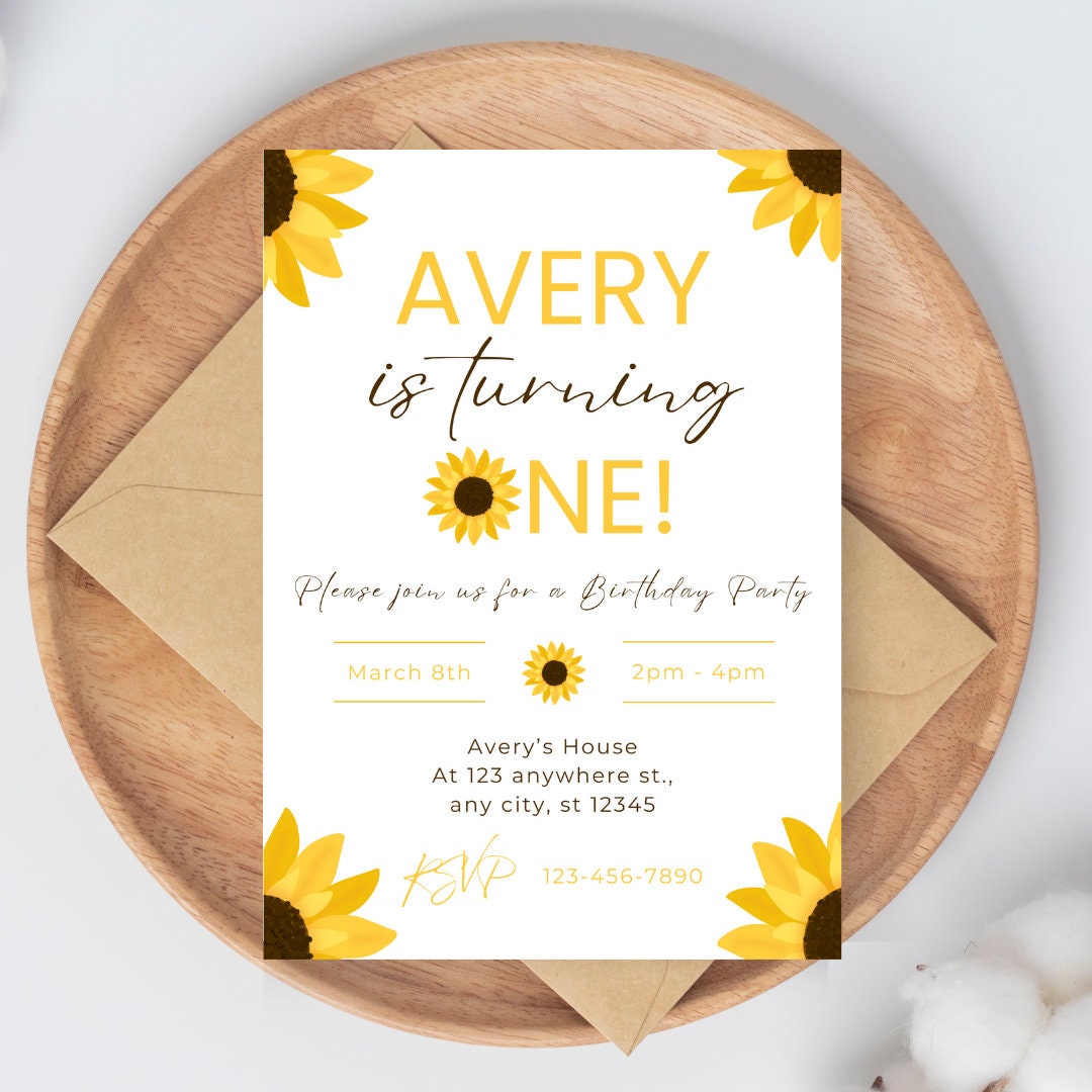 Sunflower First Birthday Invitation Card, Editable 1st First Birthday ...