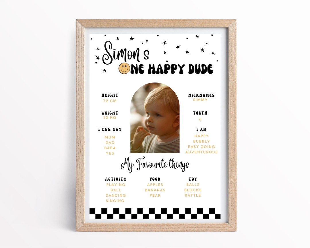 One Happy Dude Birthday Stats, Photo Milestone Poster, One Happy Year ...