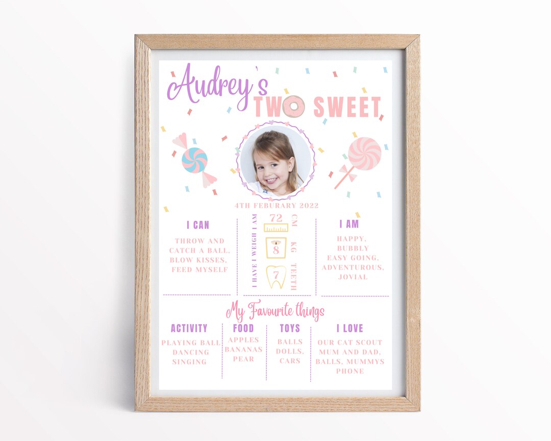 Two Sweet Birthday Stats, Milestone Board Poster Candy Sweets Birthday ...