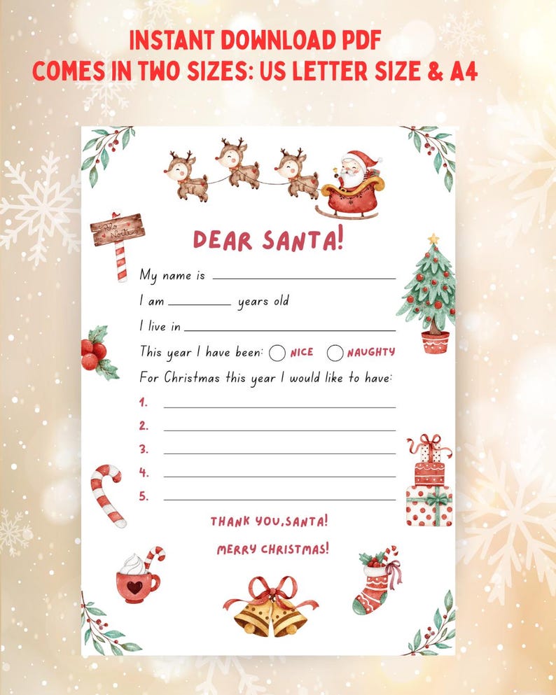 Dear Santa Letter Template for Kids: Christmas Wish List (instant ...