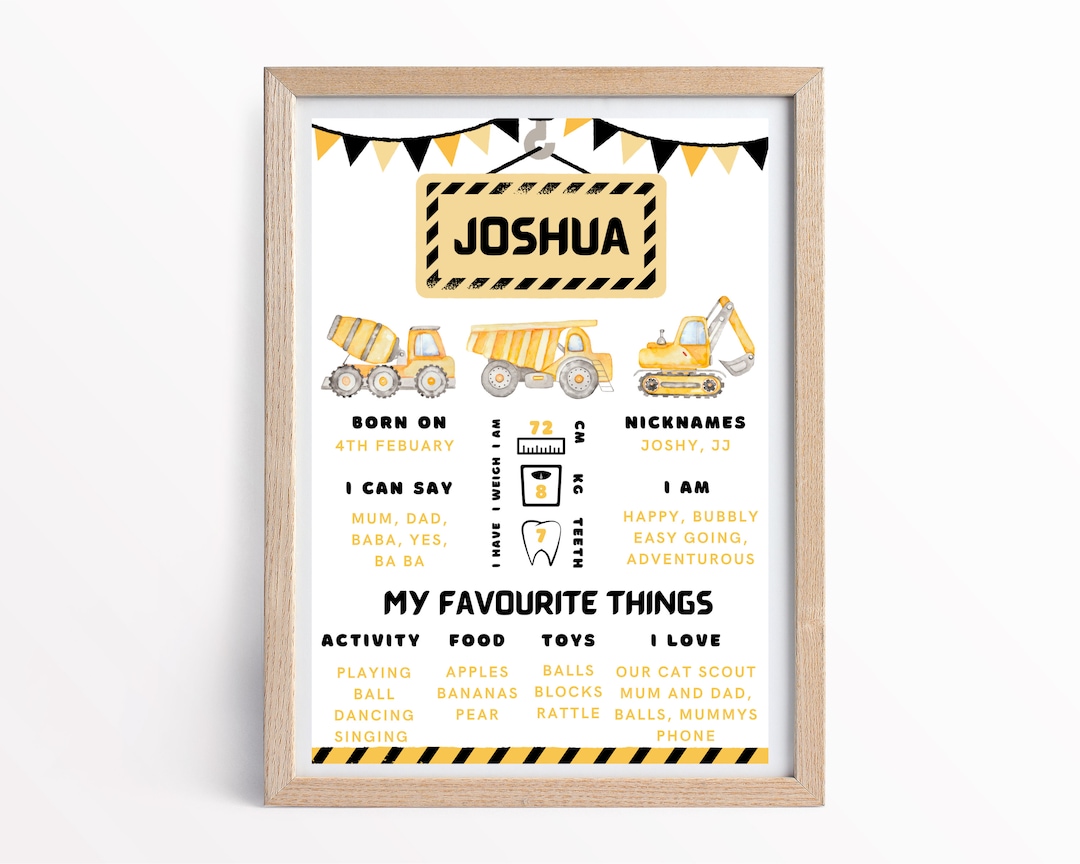 Construction Birthday Milestone Sign, Boys Birthday Stats Poster ...