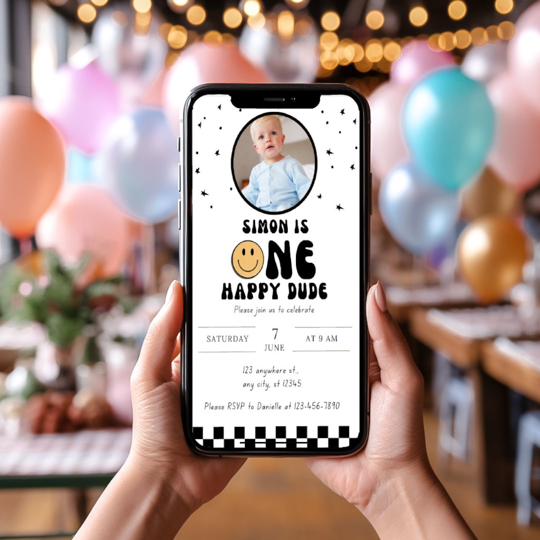 One Happy Dude Mobile Invite | One Happy Dude Editable Smiley Face ...