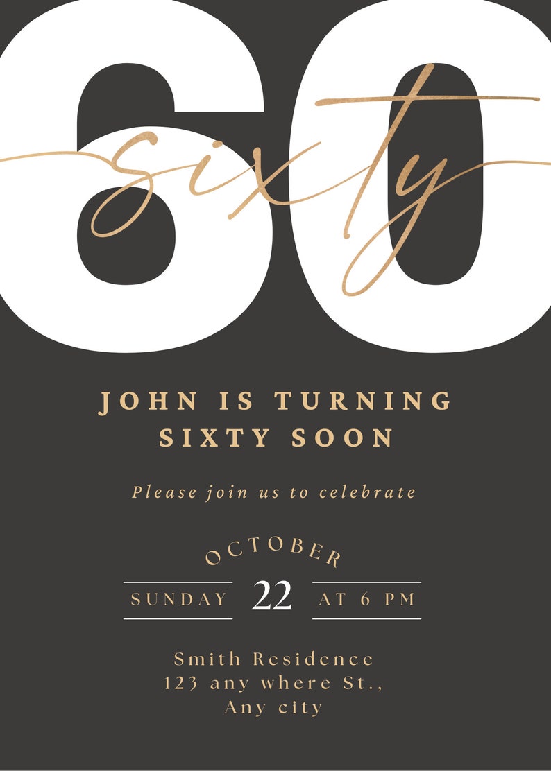 60th Birthday Invitation, Printable 60th Party Invite, Editable ...