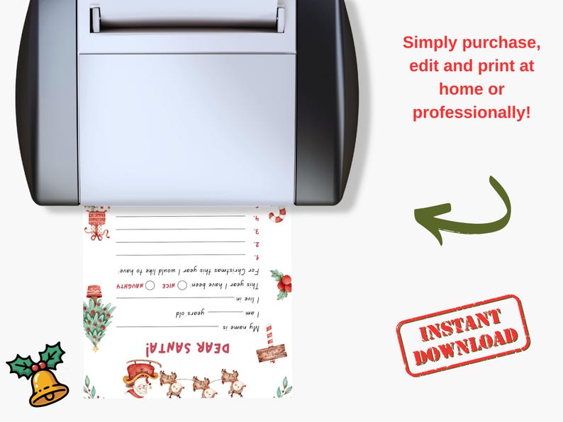 Dear Santa Letter Template for Kids: Christmas Wish List (instant ...