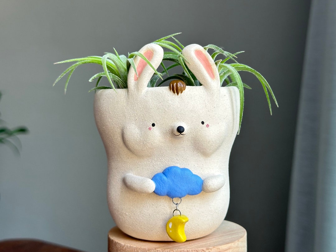 Rabbit Plant Pot/ceramic Planters/rabbit Holding a Cloud Planter/bunny ...