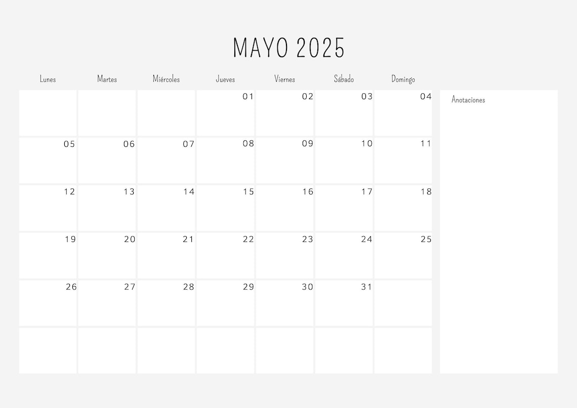Calendario Mensual 2025 Con Notas, Formato Horizontal, Plantilla De ...