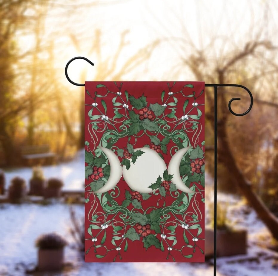 Yule Garden Flag, Red Holly Triple Moon Garden Flag, Solstice Garden ...