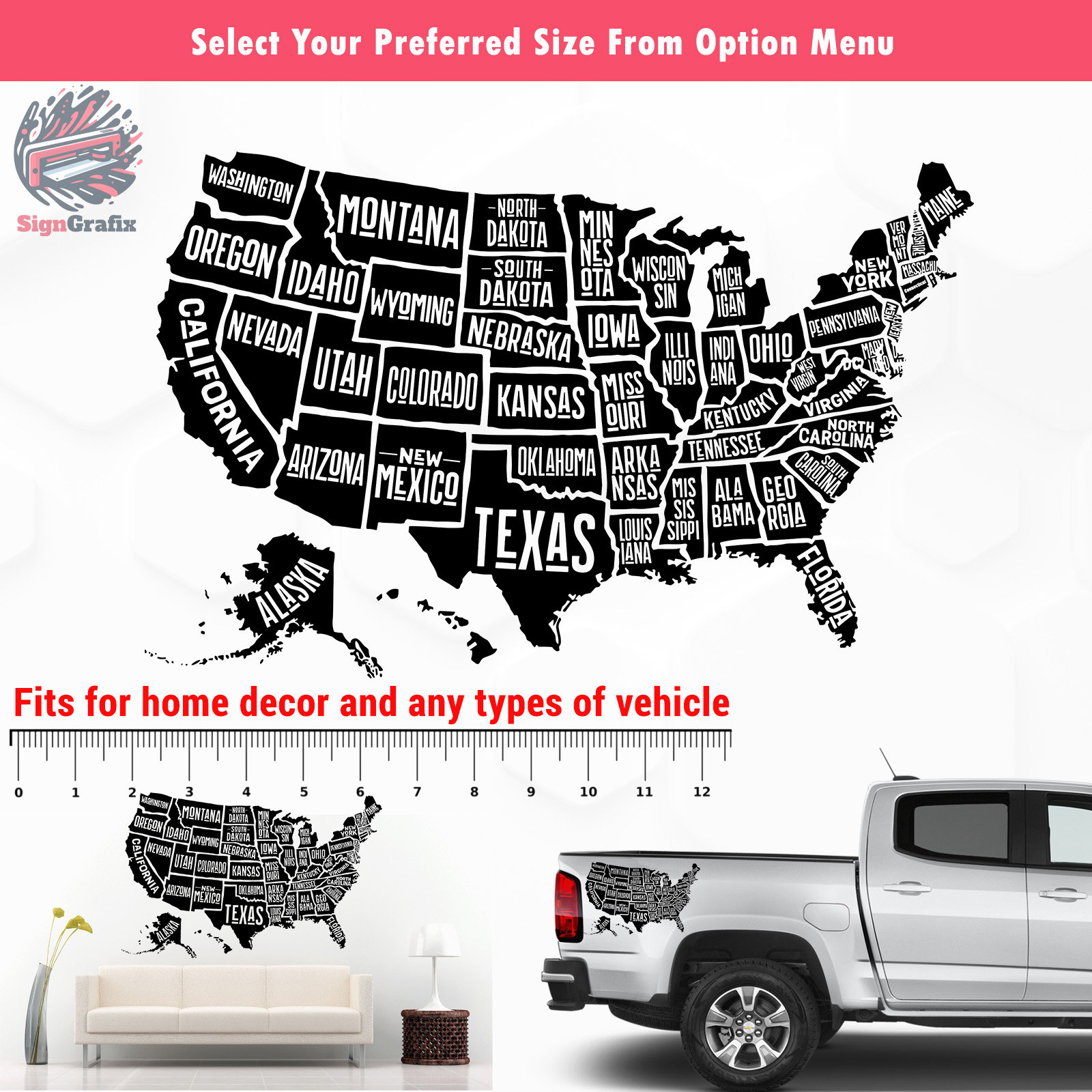 United States of America Map Vinyl Decal | All States Map Decal ...