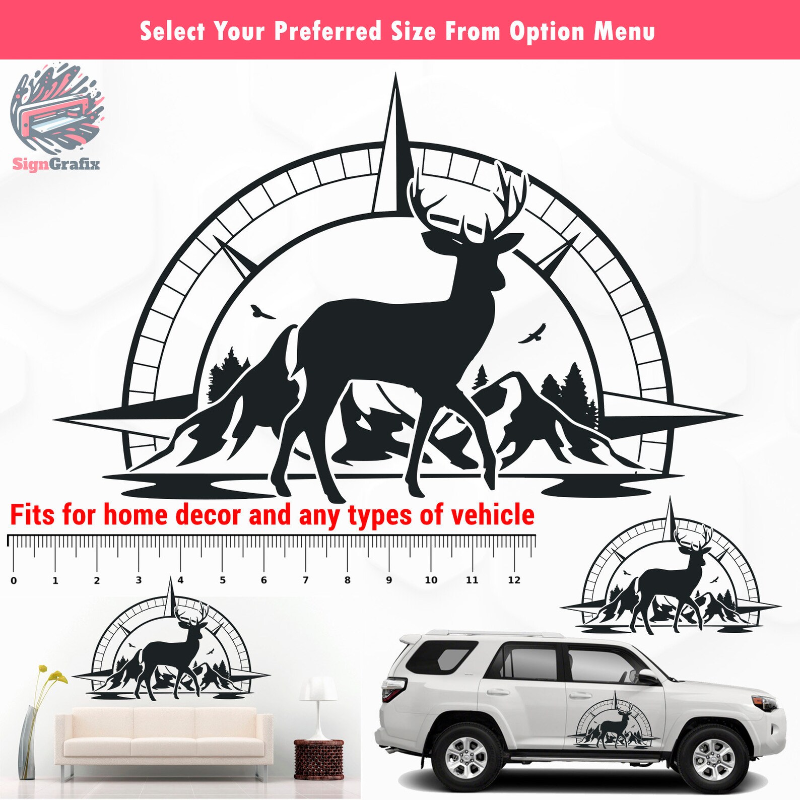 Compass Vinyl Decal Mountain Deer, Compass Vinyl Decal for Rvs, Campers ...