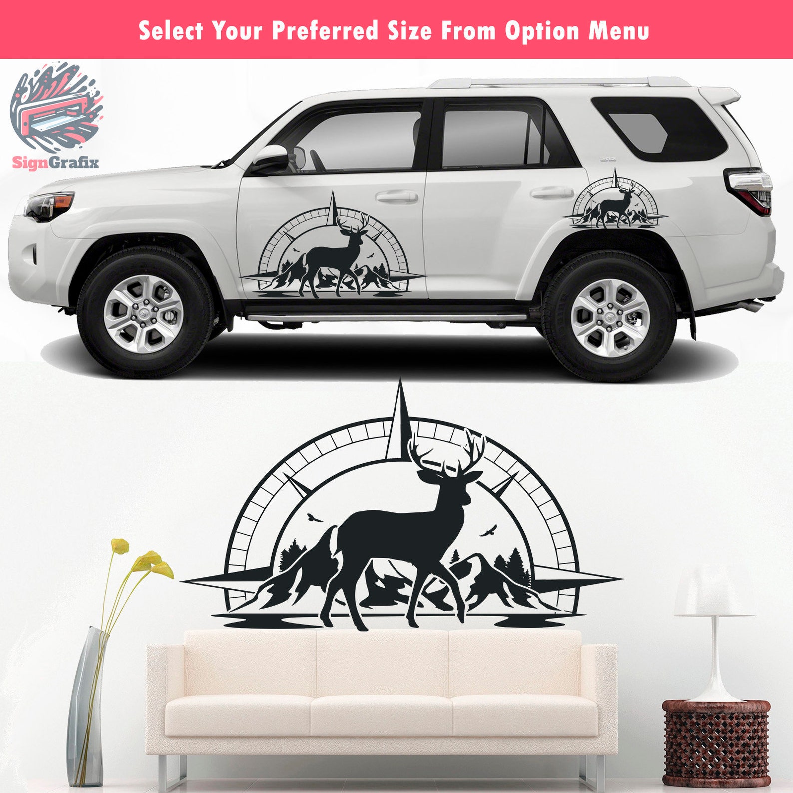 Compass Vinyl Decal Mountain Deer, Compass Vinyl Decal for Rvs, Campers ...
