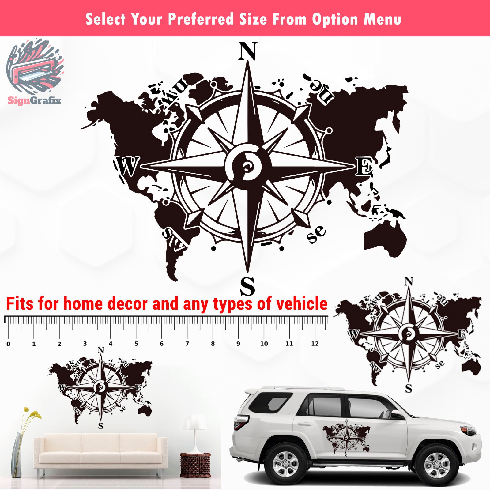 Compass Vinyl Decal World Map Illustration Compass Vinyl - Etsy