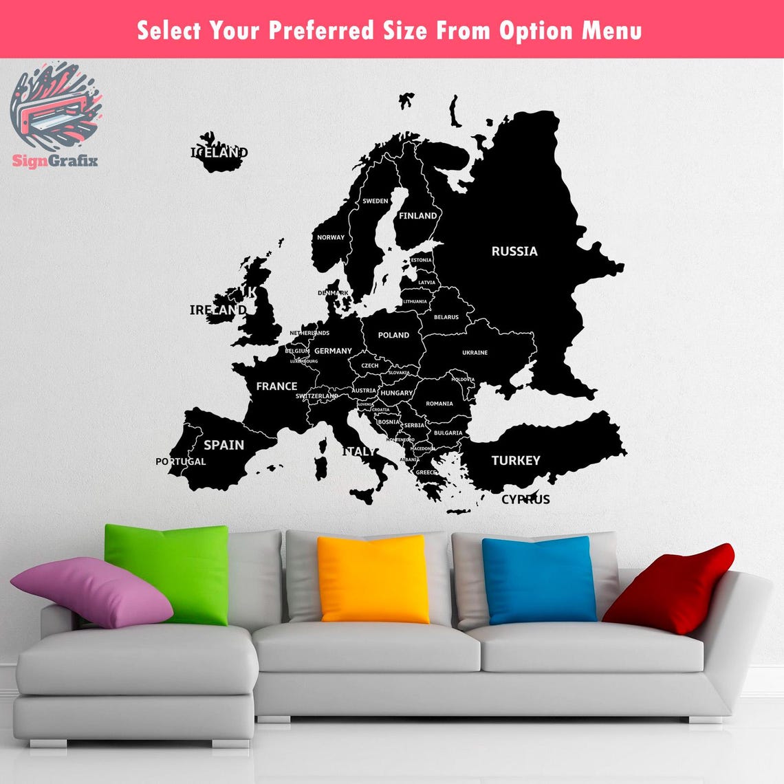 Europe Vinyl Decal, Europe Map Decal, Europe Map Wall Decal, Europe Map ...