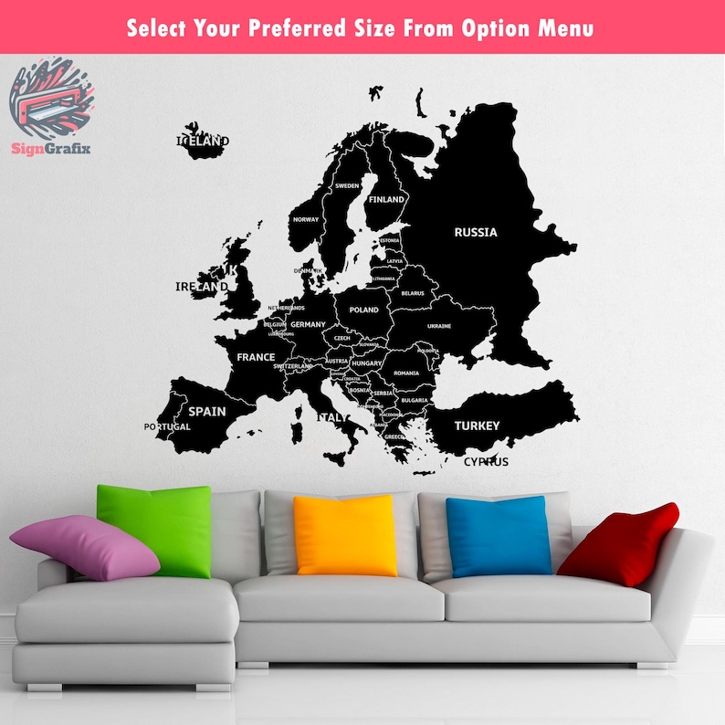 Europe Vinyl Decal, Europe Map Decal, Europe Map Wall Decal, Europe Map ...