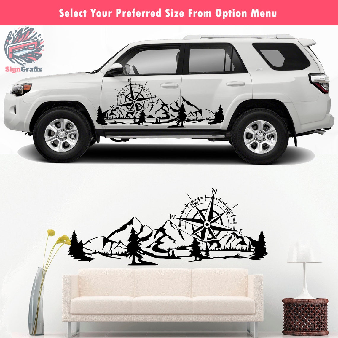 Compass Vinyl Decal Mountain Illustration Compass Vinyl Decal for RV ...