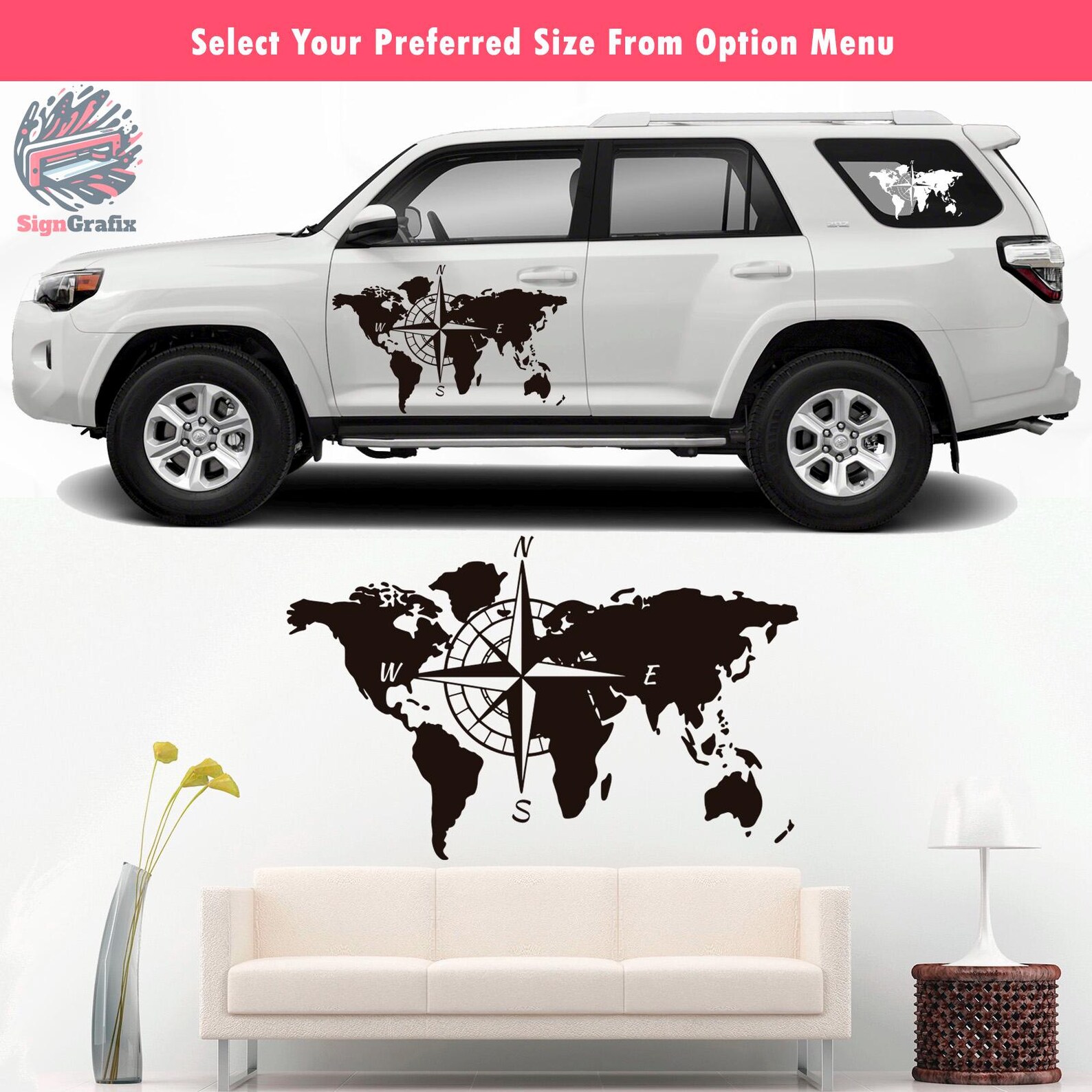 World Map Compass Vinyl Decal – Adventure Driven Design for Cars, Rvs ...