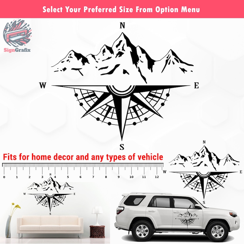 Compass Vinyl Decal Mountain Illustration Compass Vinyl Decal for RV ...