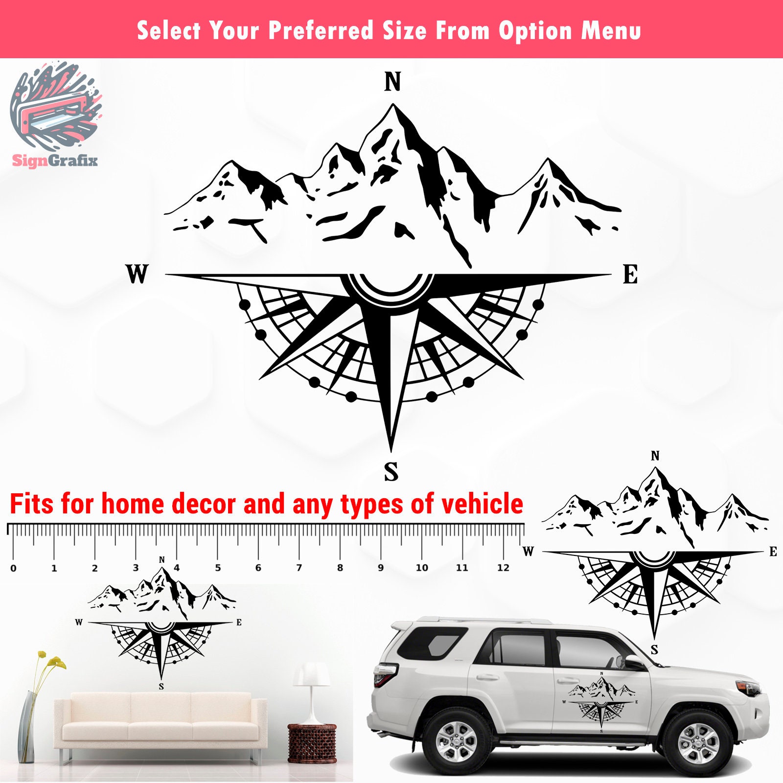 Compass Vinyl Decal Mountain Illustration Compass Vinyl Decal for RV ...
