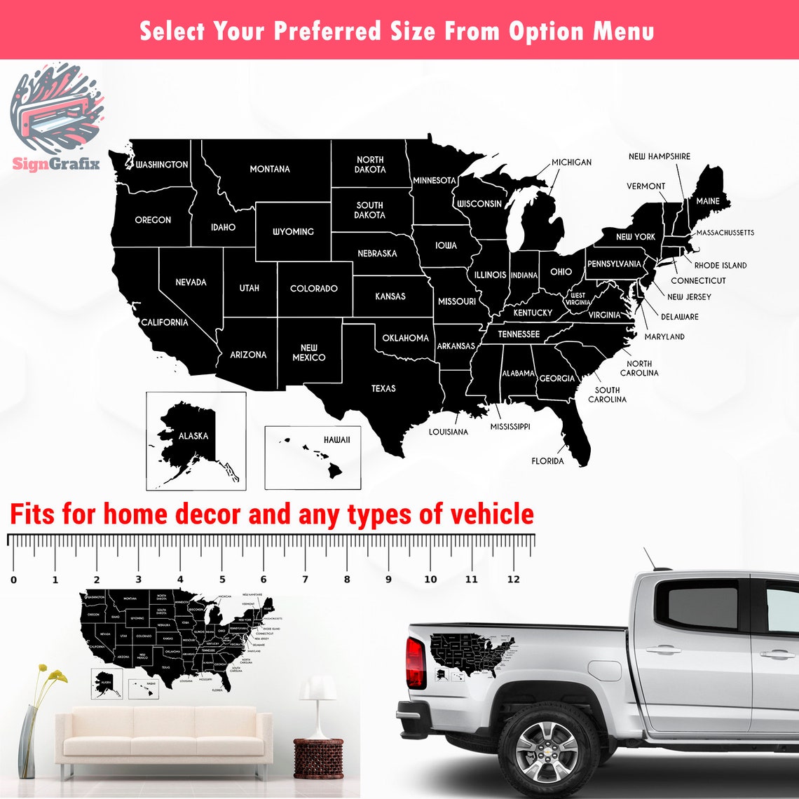 United States of America Map Vinyl Decal | All States Map Decal ...