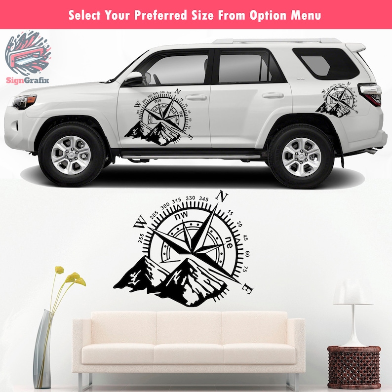 Compass Vinyl Decal Mountain Illustration, Compass Vinyl Decal for RV ...