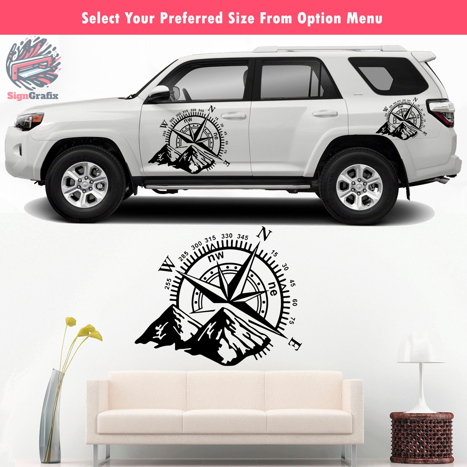 Compass Vinyl Decal Mountain Illustration, Compass Vinyl Decal for RV ...