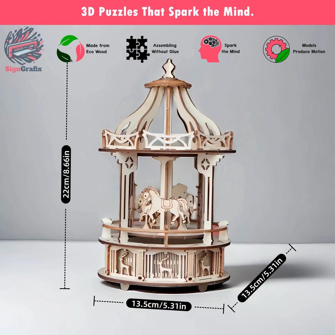 3D Wooden Carousel Puzzle: DIY Mechanical Model Kit, Handmade Decor - Etsy