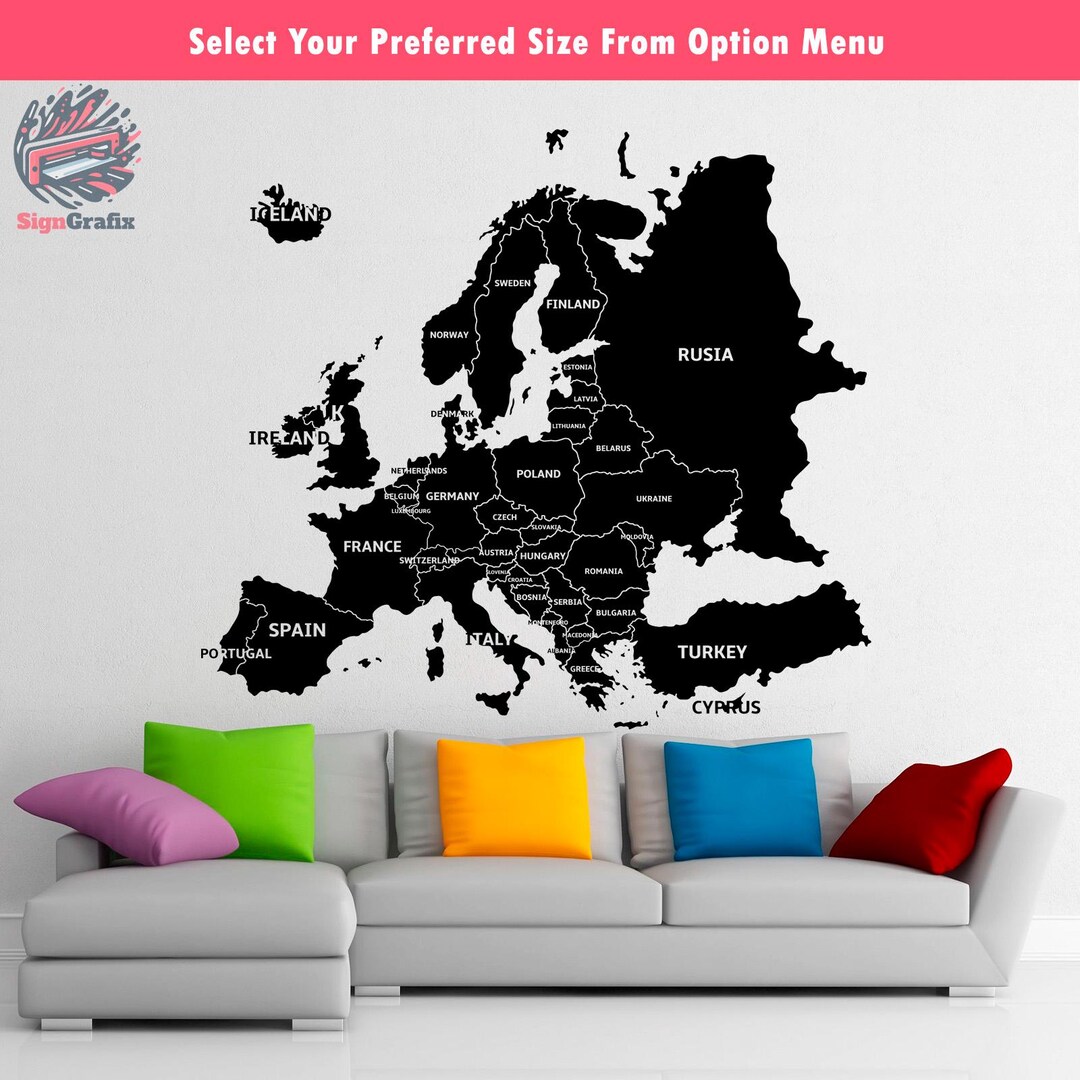 Europe Vinyl Decal, Europe Map Decal, Europe Map Wall Decal, Europe Map ...
