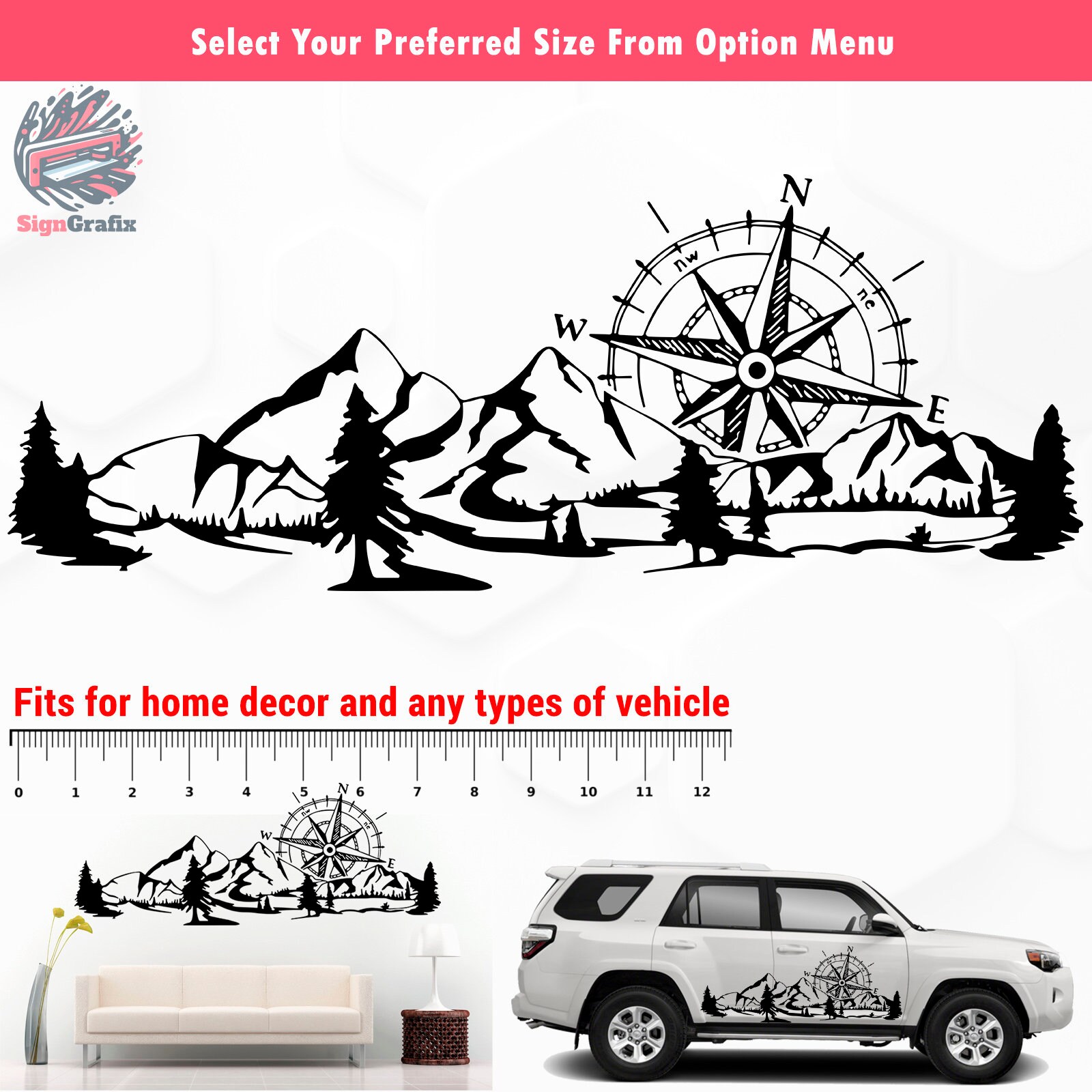 Compass Vinyl Decal Mountain Illustration Compass Vinyl Decal for RV ...