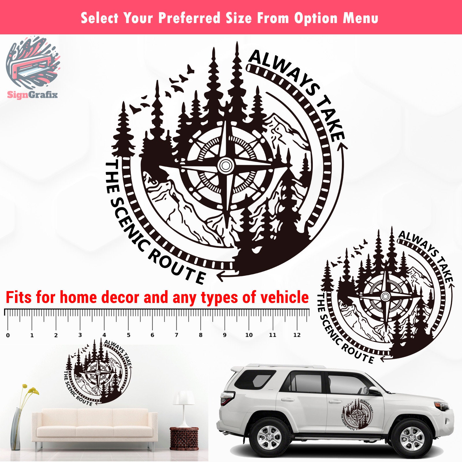 Compass Vinyl Decal Mountain Illustration | Compass Vinyl Decal for RV ...