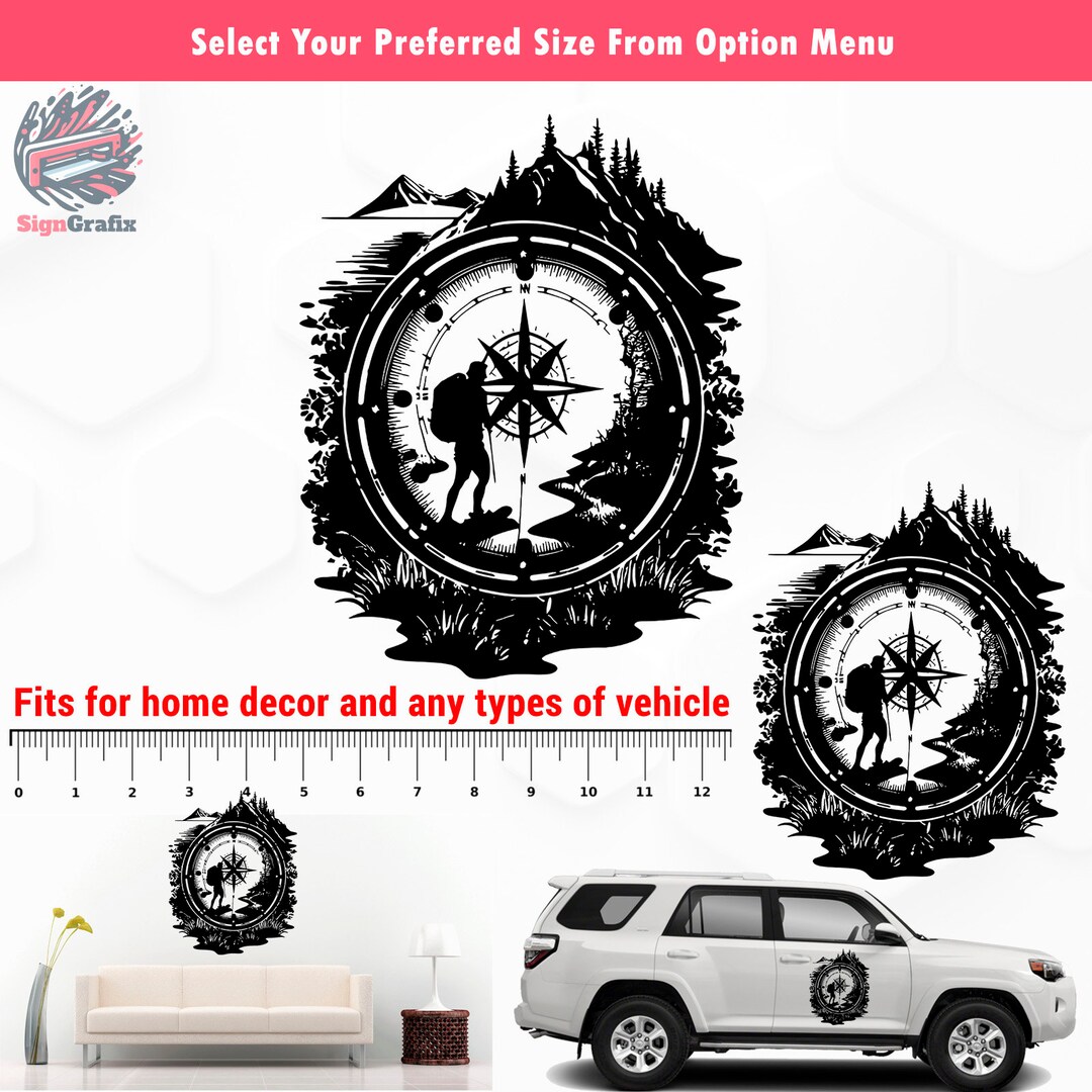 Mountain Hiking Compass Vinyl Decal | Suitable for Rvs, Campers, and ...