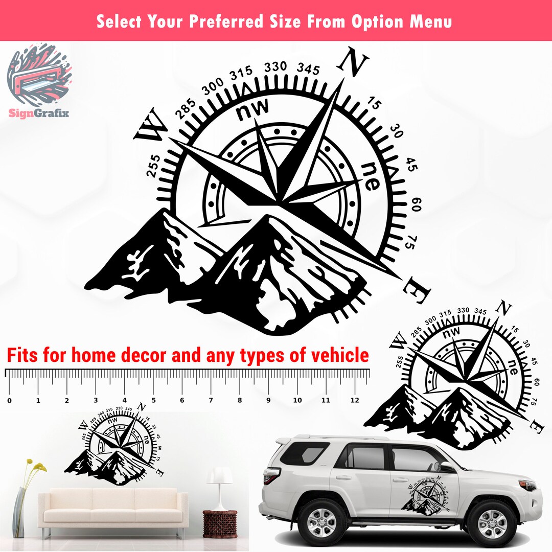 Compass Vinyl Decal Mountain Illustration, Compass Vinyl Decal for RV ...