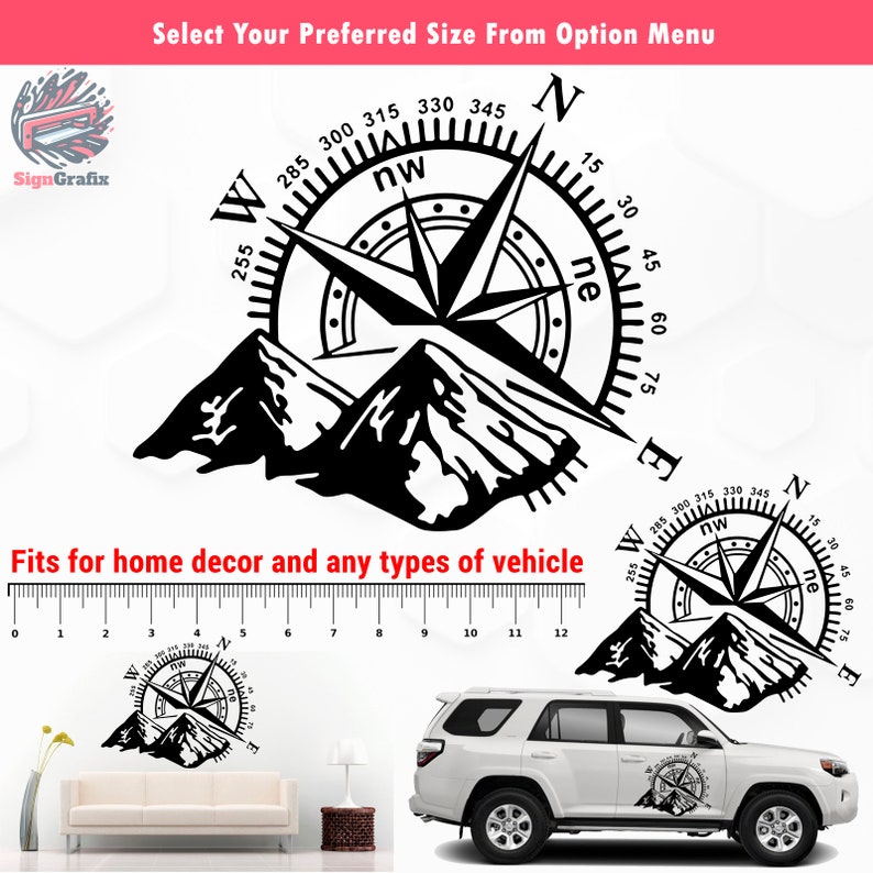 Compass Vinyl Decal Mountain Illustration, Compass Vinyl Decal for RV ...