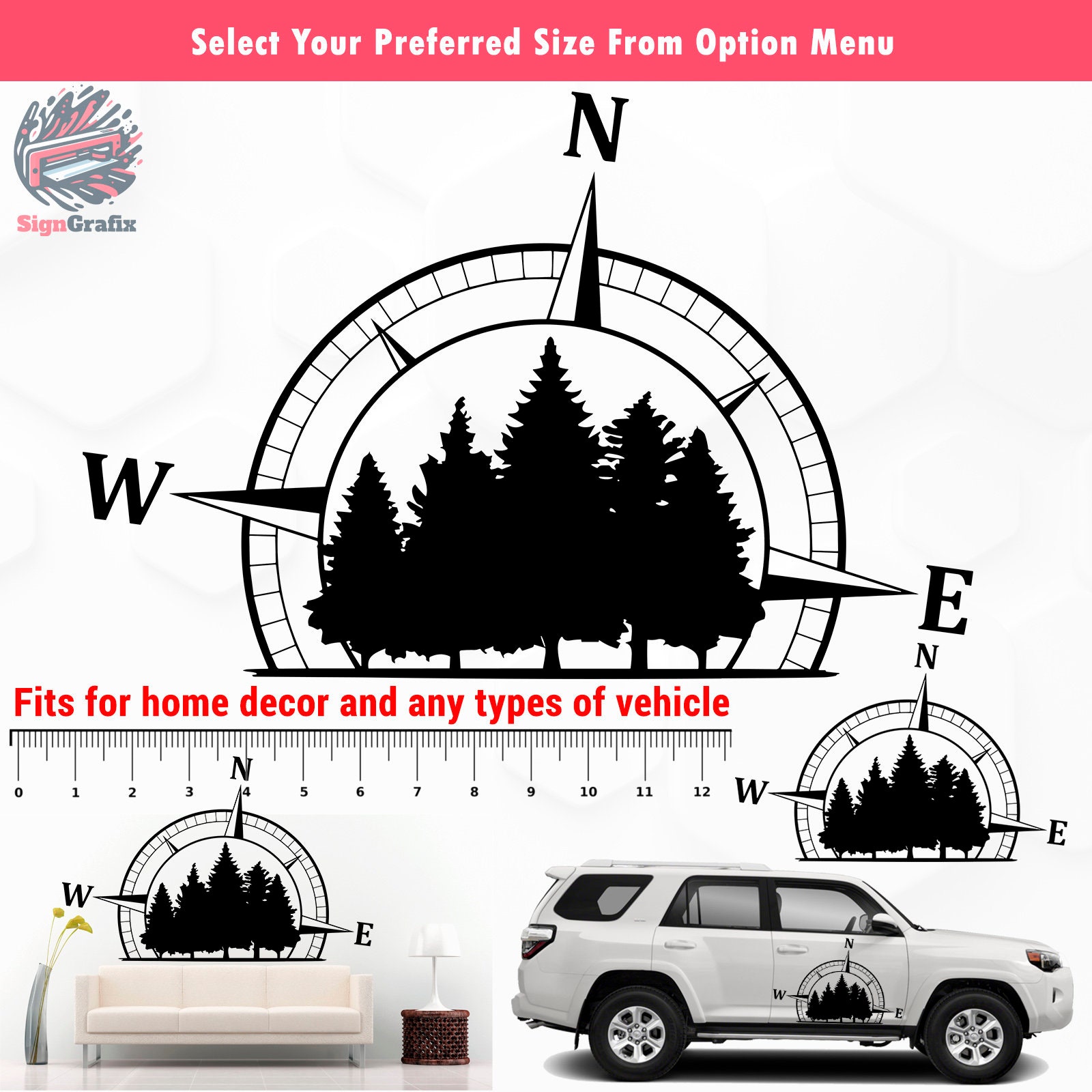 Compass Vinyl Decal Mountain Illustration | Compass Vinyl Decal for RV ...