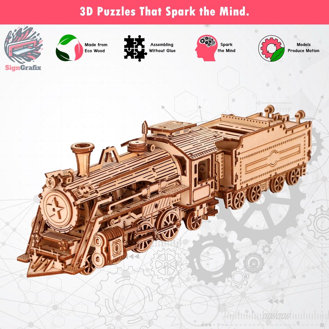3D Wooden Locomotive Puzzle: DIY Model Train Kit, Creative Home Decor ...