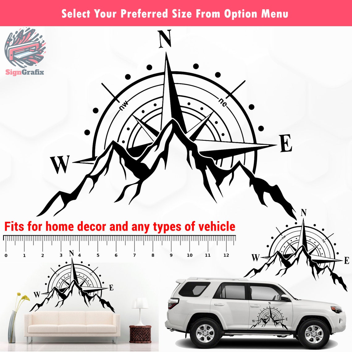 Compass Vinyl Decal Mountain Illustration | Compass Vinyl Decal for RV ...