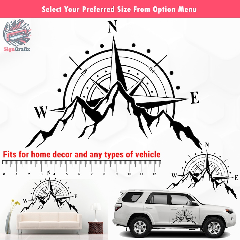 Compass Vinyl Decal Mountain Illustration | Compass Vinyl Decal for RV ...