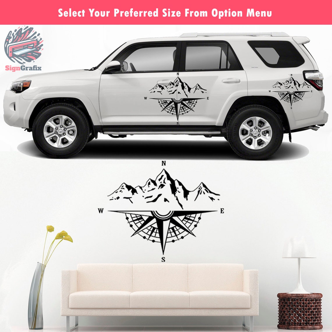 Compass Vinyl Decal Mountain Illustration Compass Vinyl Decal for RV ...